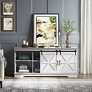 YITAHOME Kitchen Buffet Cabinet, 60“ Farmhouse Sliding Barn Door Coffee Bar Sideboard Buffet Cabinet with Capacity 300 lbs for Home Kitchen Dinning Living Room, Grey White/Grey Wash