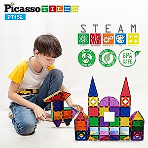 PicassoTiles 152pcs Clear Magnetic Tiles Set, Expansion Pack, Creative Magnet Building Blocks, Kindergarten Preschool Toddler Classroom Toys, Educational Learning STEM Toys for Boys and Girls