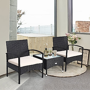 COSTWAY 3 PCS Patio Wicker Conversation Set, PE Rattan Sofa with Tempered Glass Coffee Table, 2 Chairs, 2 Cushions, Outdoor Patio Furniture Set for Yard Porch Bistro Balcony Backyard Pool, White