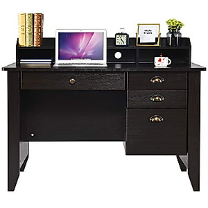 Catrimown Computer Desk with Drawers and Hutch, Wood Office Desk Teens Student Desk Study Table Writing Desk for Bedroom Small Spaces Furniture with Storage Shelves, Espresso Brown