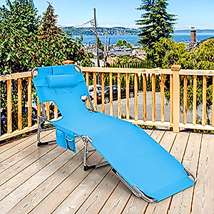 Giantex Beach Chair Chaise Lounge - Tanning Chair with Face Arm Hole, Detachable Pillow, Adjustable Backrest, Side Pocket, Carry Handle, Outdoor Folding Lounge Chair, Sunbathing Chair (1, Turquoise)