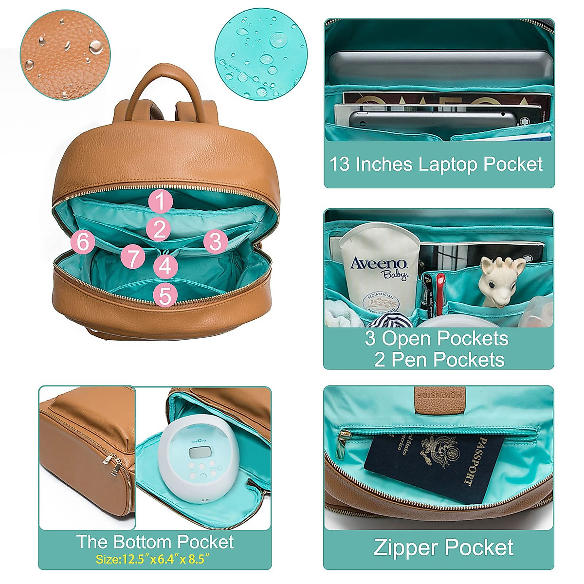 MOMINSIDE Diaper Bag Tote Leather Diaper Bag Backpack for Mom Dad Large Travel Diaper Tote Baby Bag for Boys Girls with 4 Insulated Pockets, Changing Station, Shoulder Straps