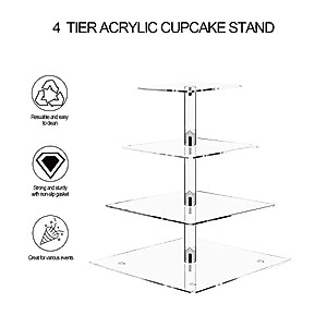 4 Tier Acrylic Cupcake Stand for 50 Cupcakes Dessert Tower with LED String - Square