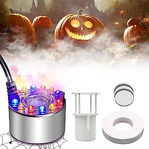 Halloween Mist Maker, Halloween LED Ultrasonic Mister Fogger with Light Witch Cauldron Diffuser Fog Machine Atomizer Bowl Terrarium High Output Humidifier Water Vaporizer with Splash Guard Float Disc