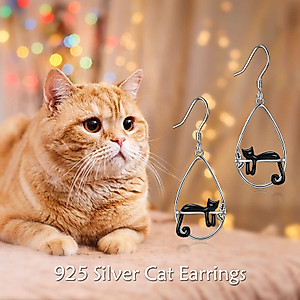 YFN Black Cat Earrings Sterling Silver Black Cat Dangle Drop Earrings Jewelry Cat Gifts for Women