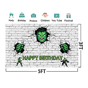 huio White Brick Wall Backdrop for Hulk Theme Birthday Party Supplies 5x3ft Hulk Superhero Theme Baby Shower Banner for Birthday One Size