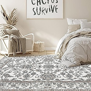 Area Rug Living Room Rugs - 8x10 Large Machine Washable Soft Farmhouse Boho Moroccan Floral Thin Rug Indoor Floor Carpet for Bedroom Under Dining Table Home Office Decor - Brown