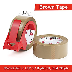 BOMEI PACK 3 Pack Heavy Duty Brown Packing Tape with Dispenser, 2.6 mil, 1.88 inch x 110 Yards, Brown Tape Refills for Industrial Shipping Box Packaging Tape for Moving, Office, & Storage