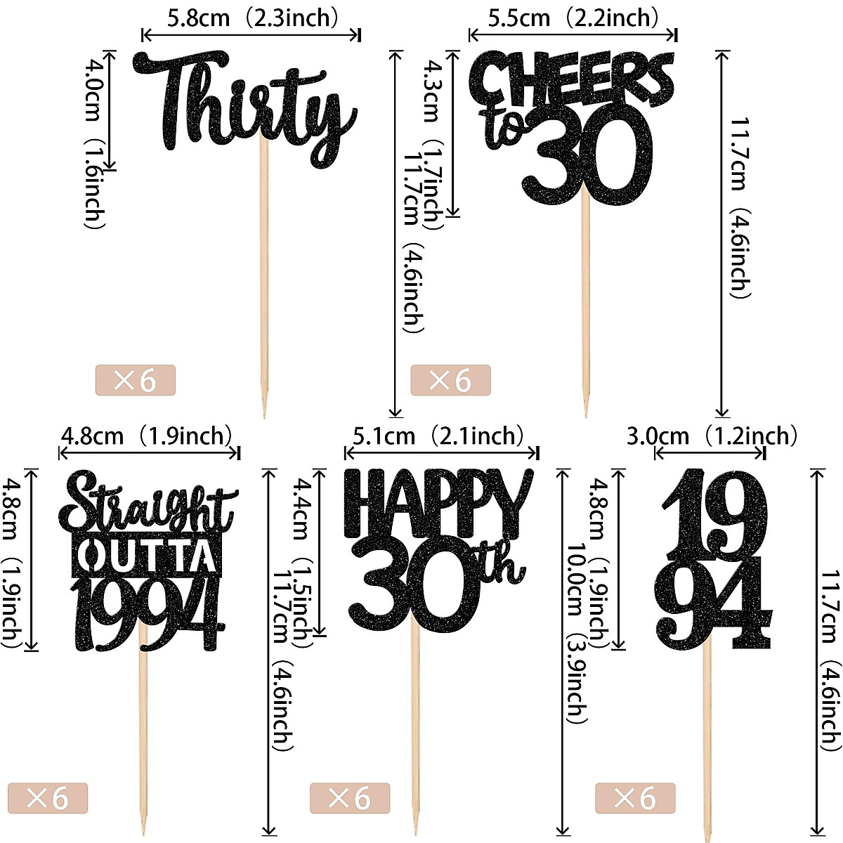 30PCS Black 30th Birthday Cupcake Toppers Glitter Thirty Happy 30th Straight Outta 1994 Cupcake Picks for Cheers to 30 Years 30th Birthday Wedding Anniversary Party Decoration Supplies