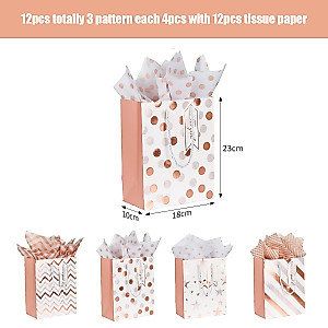 Dimetey 12pcs 9" Gift Bags, Medium Size Paper Bags with Tissue Paper, White Gold Wrap Paper Gift Bags with Handles for Shopping Party Wedding Baby Shower Holiday Presents (Rose Gold)