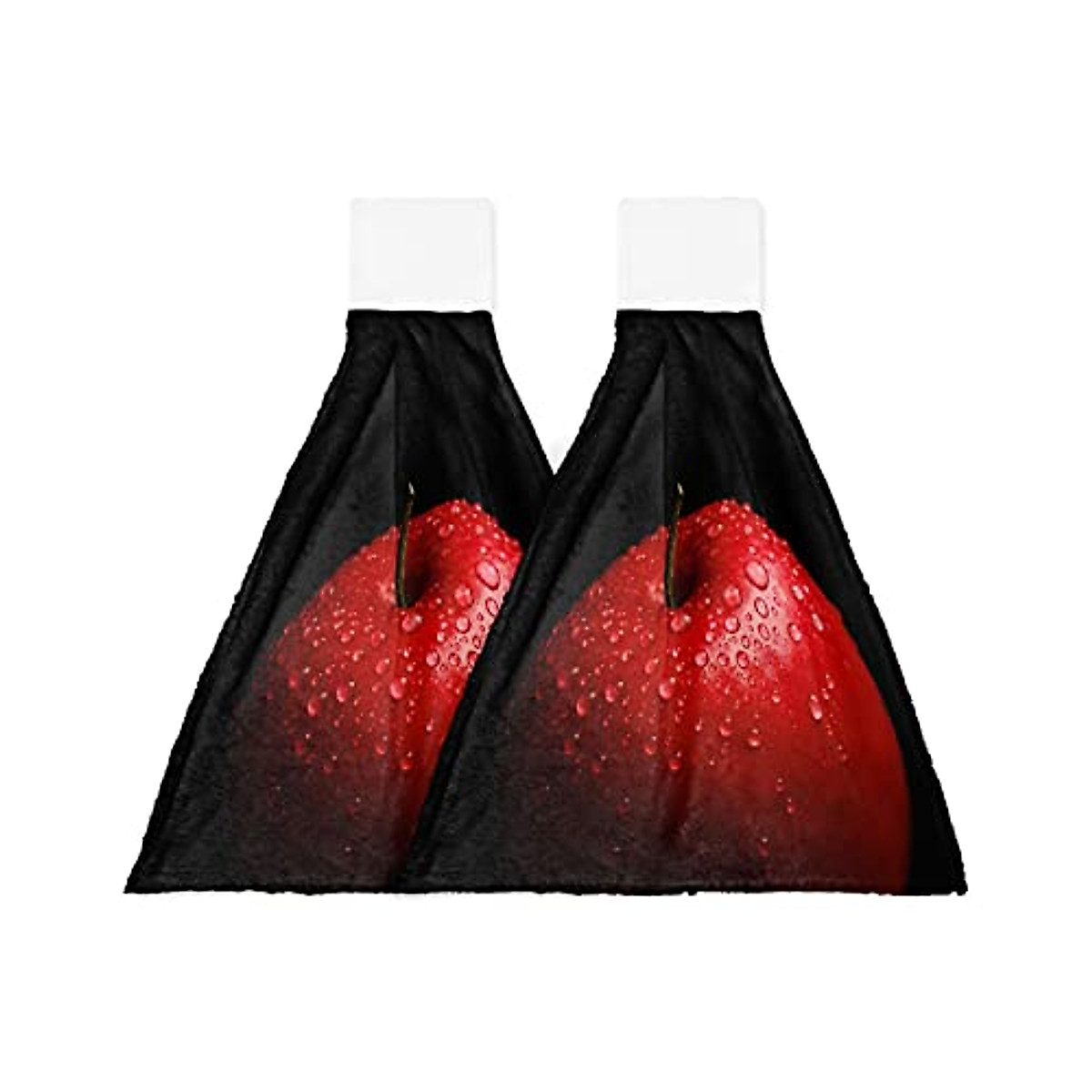 Red Apples with Water Drops Hanging Kitchen Towels Soft Absorbent Hand Tie Towels Set with Hook&Loop, Close-up Fruit Art on Black Tea Bar Dish Cloths Towel for Bathroom Laundry Room BBQ, 2pc