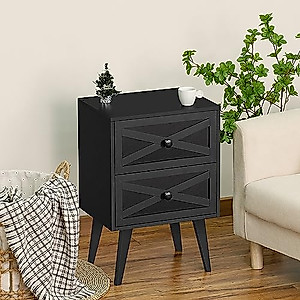 Lerliuo Black Nightstand Set of 2, Bed Side Table with 2 Drawers Barn Door, Solid Wooden Legs Night Stand, Mid Century Modern End Table Storage Wood Cabinet Dresser for Bedroom, Dorm