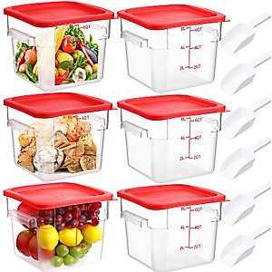 Hsei 6 Sets 6 Quart Commercial Food Storage Containers with Lids and 6 Pcs Plastic Ice Scoop for Freezer Flour Sugar Baking Bread Dog Food Restaurant Kitchen Square(Red)