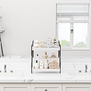 Messmenos Bathroom Organizer Countertop, 2 Tier Solid Wood Vanity Counter Storage Tray, Wooden Stand Organization Shelf for Kitchen&Coffee Bar, Storage Rack for Makeup Perfume Skincare (White)