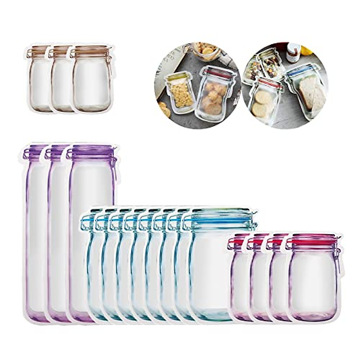 Enkrio 18 Pack Reusable Zip lock Snack Bags, Mason Jar Zipper Food Saver Snack Sandwich Ziplock Bags Leakproof Storage Bags for Travel Camping(3Small,4Medium,8Large,3Tall)