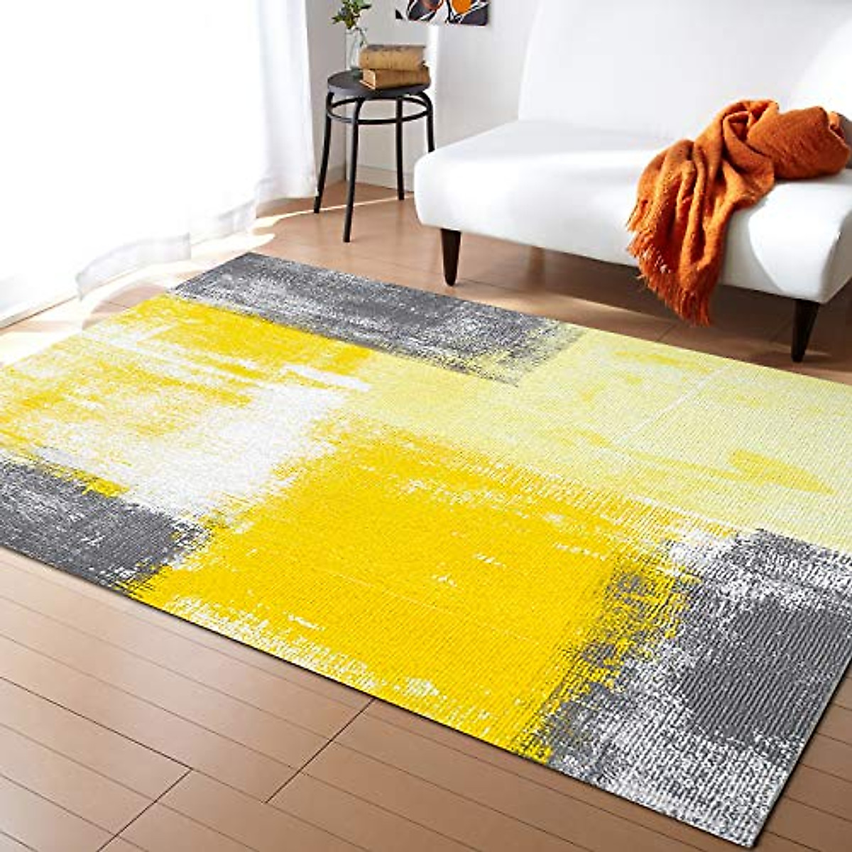 Yellow Area Rug 2'8"x5' for Living Room Bedroom Modern Abstract Gray Rug Soft Shag Rugs Non-Slip Entryway Carpet Non-Shedding Playing Mat for Kids Nursery Room Washable Rug