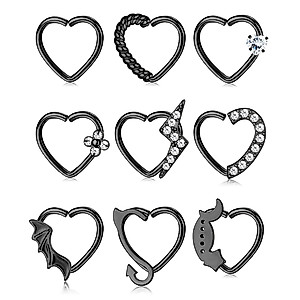 ORAZIO 9 Pairs Heart Daith Earring Cartilage Earrings Hoops Septum Nose Rings for Women Men Stainless Steel Helix Rook Snug Lobe Conch Daith Piercing Silver/Gold/Black/Rose Gold Tone Piercing Earrings