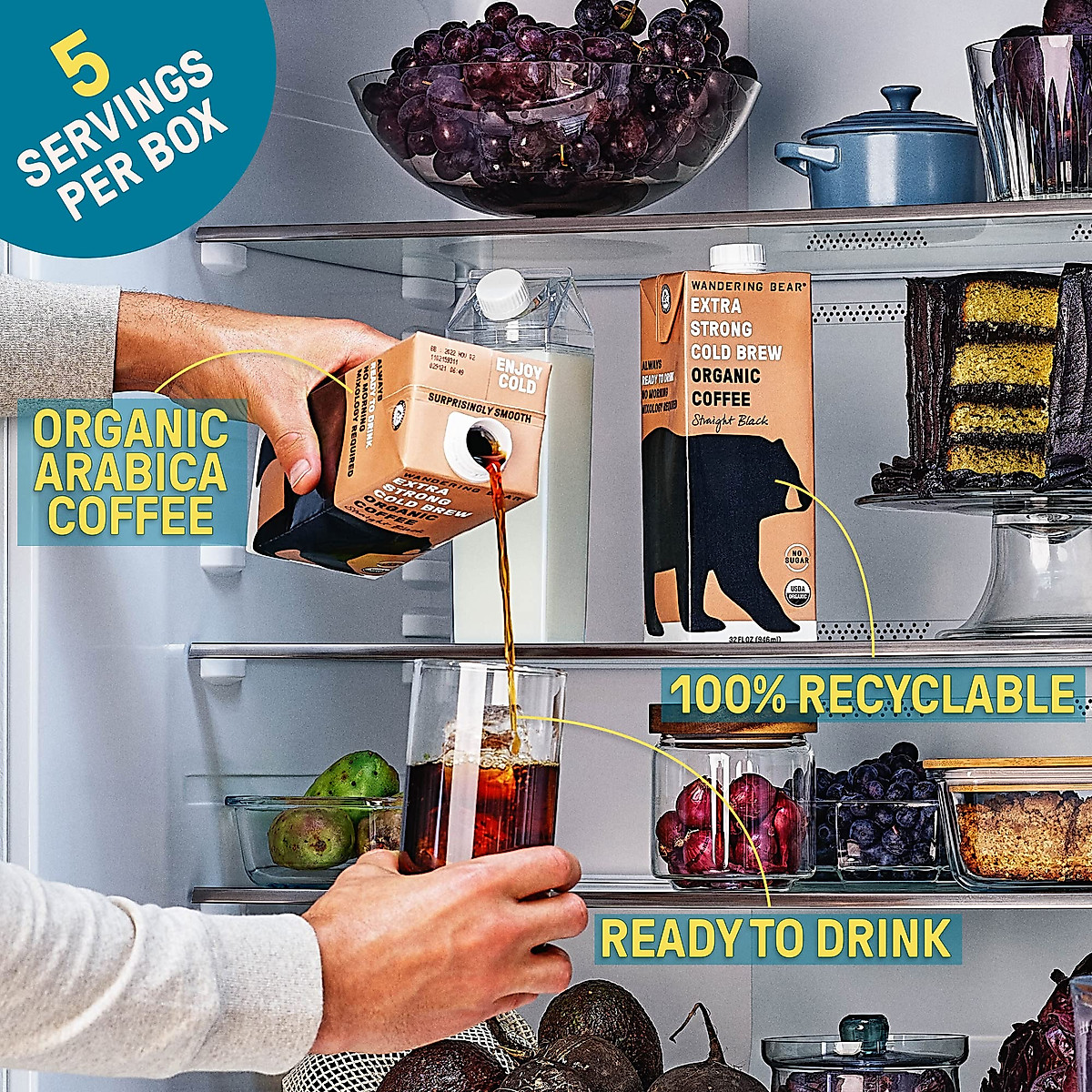 Wandering Bear Organic Vanilla Cold Brew Coffee, Iced Coffee 32 fl oz, 1 pack - Extra Strong, Smooth, Organic, Unsweetened, Shelf-Stable, Ready to Drink, Cold Brewed Coffee, Cold Coffee