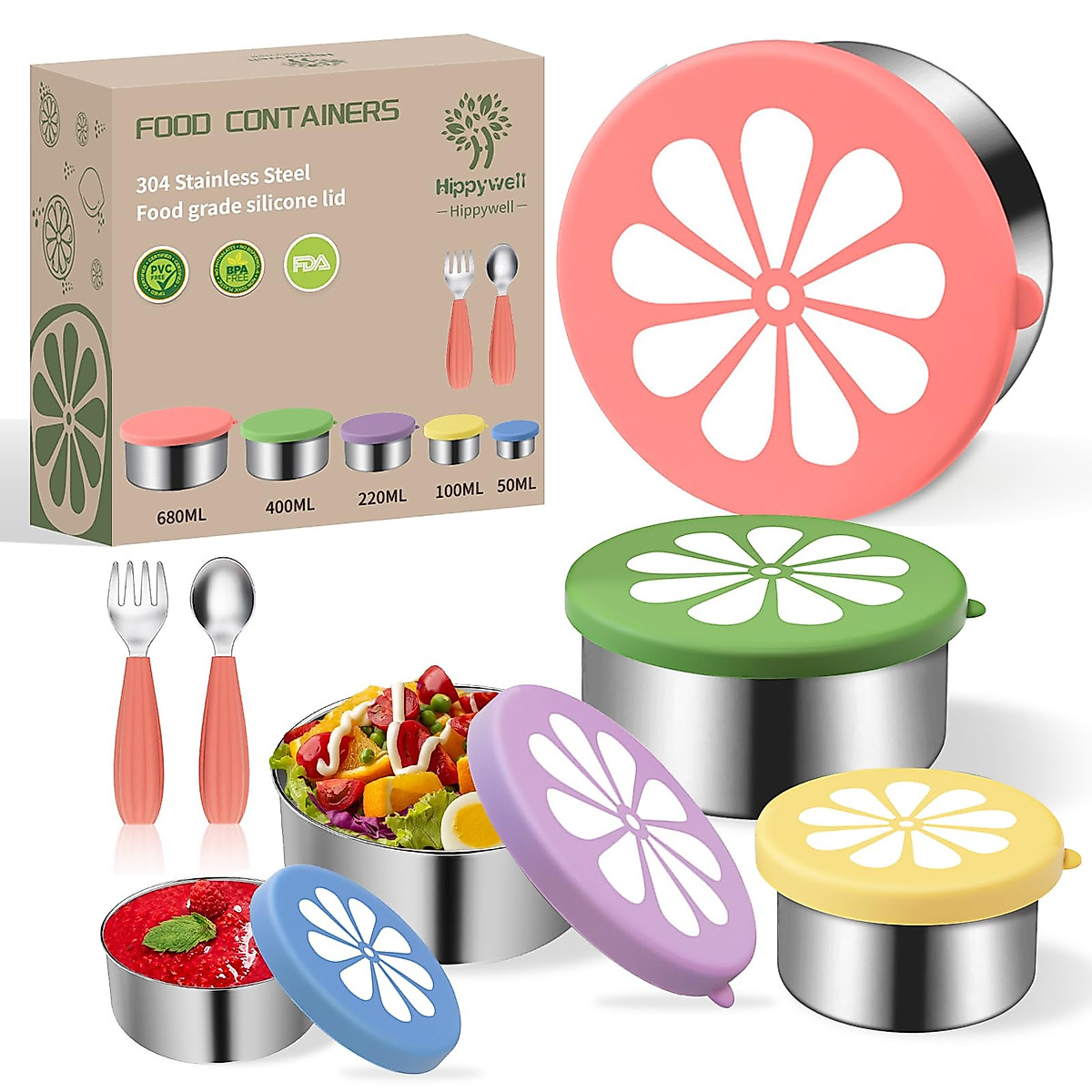 Hippywell Stainless Steel Food Containers with Silicone Lids, Leakproof Metal Lunch Box Set for Kids, Snack Boxes for Travel, 5Pcs Stainless Steel Containers, 1.7OZ up 23OZ