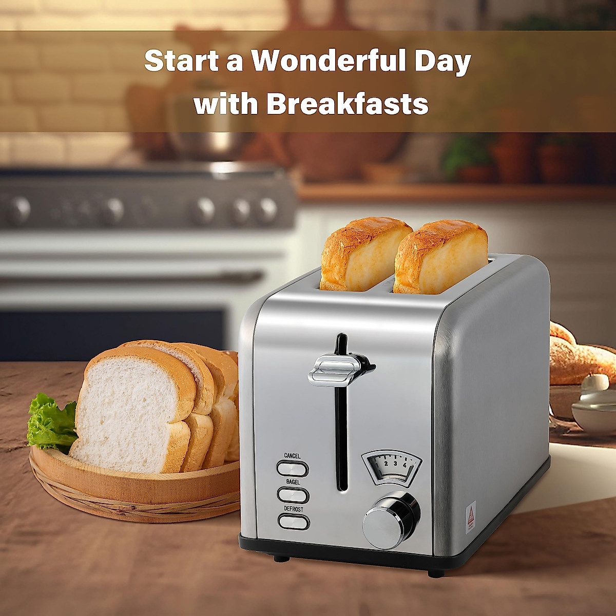 Simple Deluxe 1.5" Wide Slot 2-Slice Toaster, 5 Browning Setting and 3 Function, Retro Stainless-Steel Style, Removable Crumb Tray, Kitchen Essentials, for Bagel, Silver