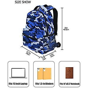 ZZKKO Camo Camouflage Blue School Backpacks Book Bag for Boys Girls Travel Hiking Camping Daypack Work Laptop Backpack