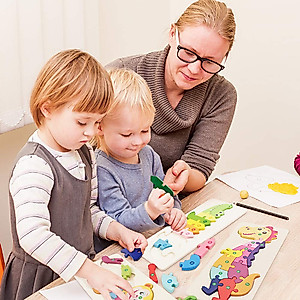 Wooden Jigsaw Puzzle Toy for Toddlers 1-3 Years Old- 3 Sets of Animals Dinosaur Crocodile Monkey,Colorful Wood Numbered Puzzles Baby Infant Kid Preschool Learning Educational Toys.