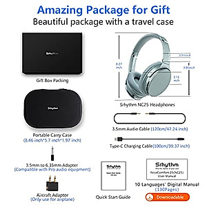Srhythm NC25 Active Noise Cancelling Headphones Bluetooth 5.0, ANC Stereo Headset Over-Ear with Hi-Fi,Mic,50H Playtime,Voice Assistant,Low Latency Game Mode (Renewed)
