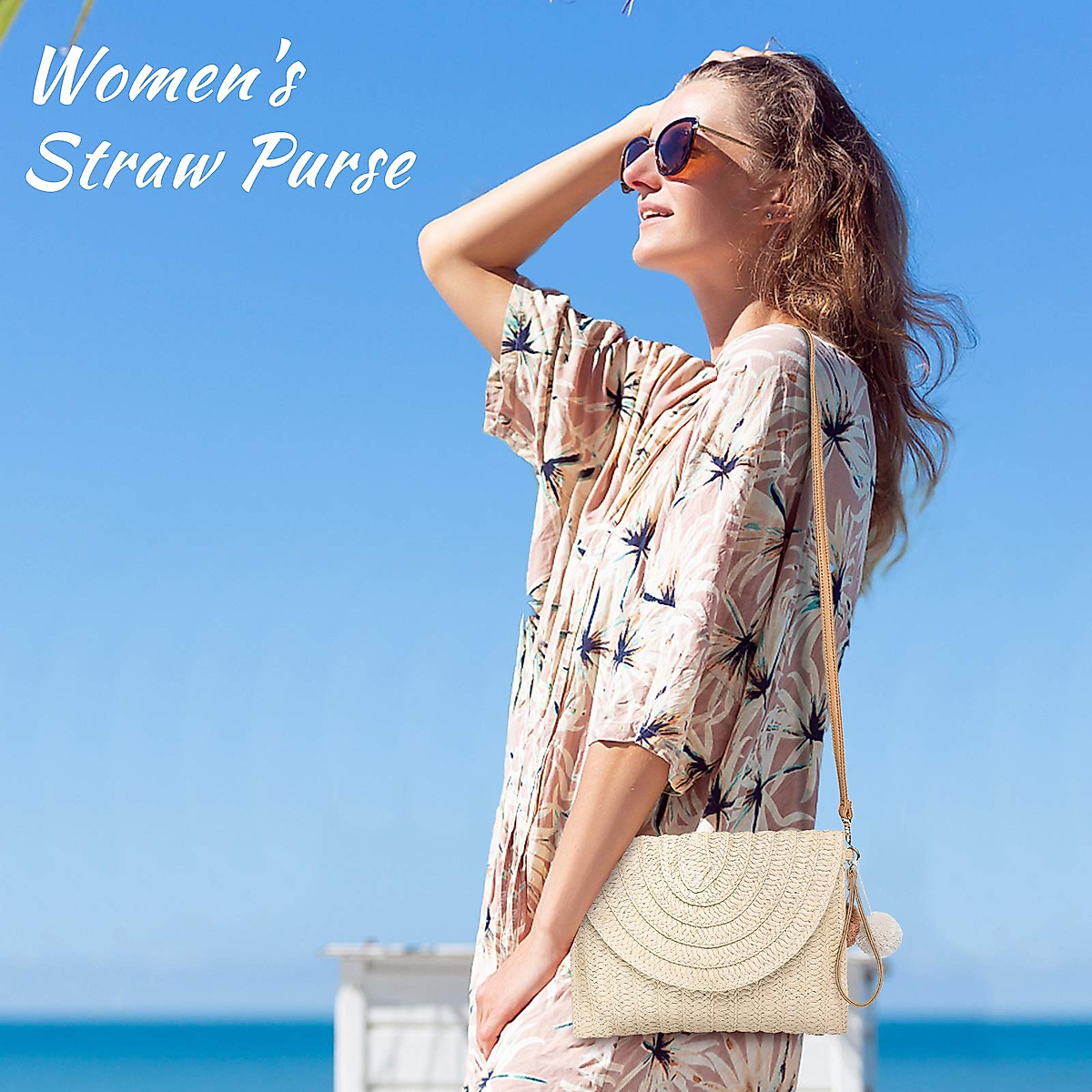 Kadell Straw Shoulder Bag, Straw Clutch Women Handmade Straw Bag Summer Beach Envelope Purse Wallet (Off-white)