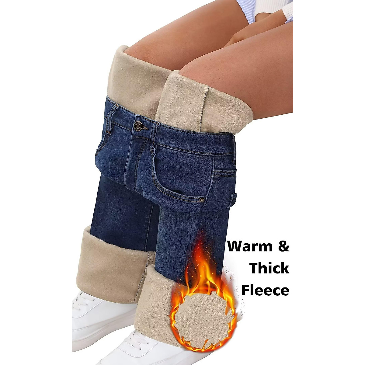 KDF Women's Fleece Lined Jeans Flare Bell Bottom Jeans Winter Super Warm Thick Fleece Denim High Waisted Stretch Jeans Fleece Pants 14,Dark Blue