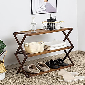 Small 3-Tier Shoe Rack for Closet & Entryway, Installation-free Foldable Bamboo Shoes Storage Organizer, Sturdy Free Standing Three Shelf Shoe Stand for 6-9 Pairs, Brown 20x17x9 Inches