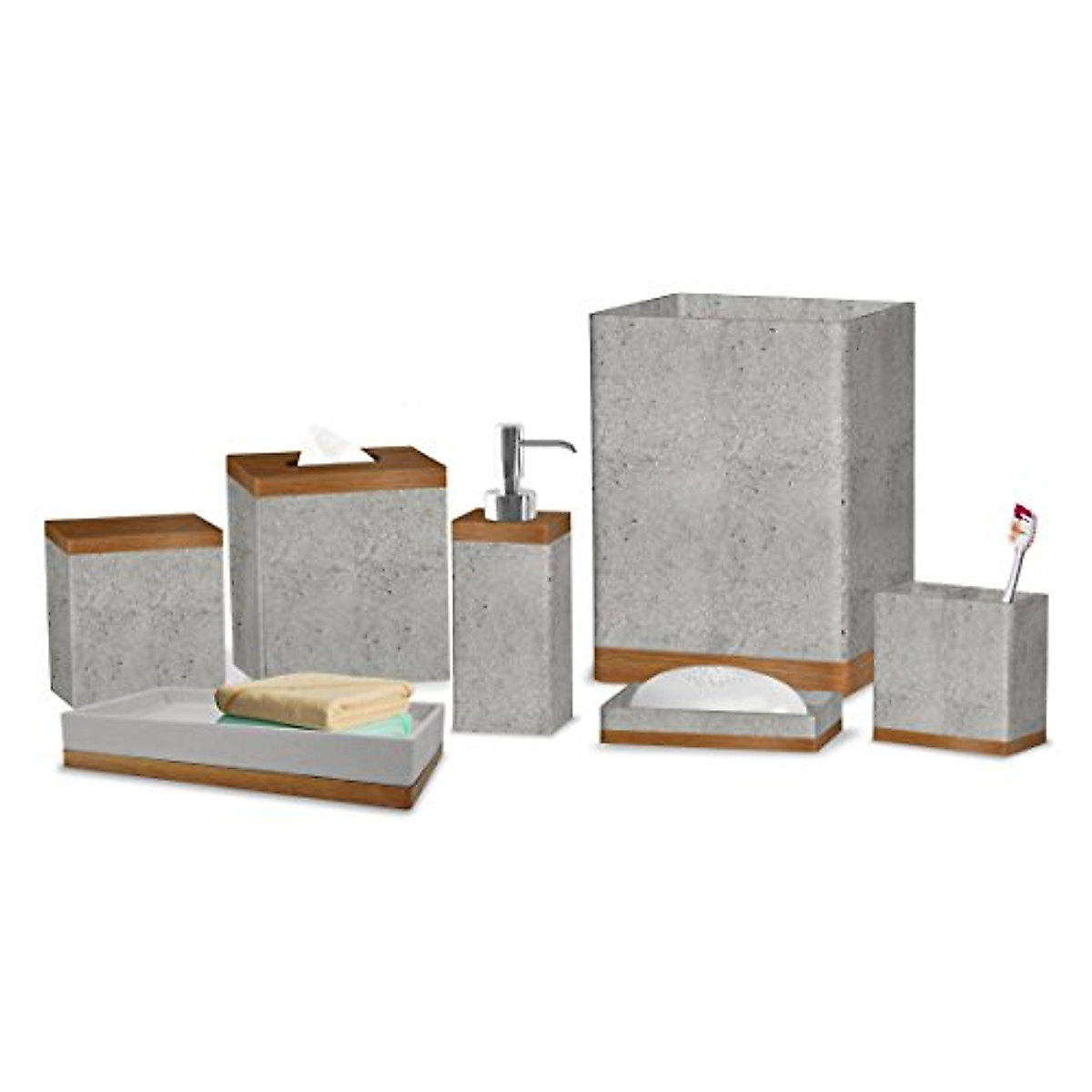 nu steel Concrete, Made of Cement Bath Accessory Set Vanity Countertop, 7pc Luxury Ensemble-Cotton Swab, Dish, Toothbrush Holder, soap Pump, Waste Basket, Tissue Box, Tray, Grey Stone/Brown