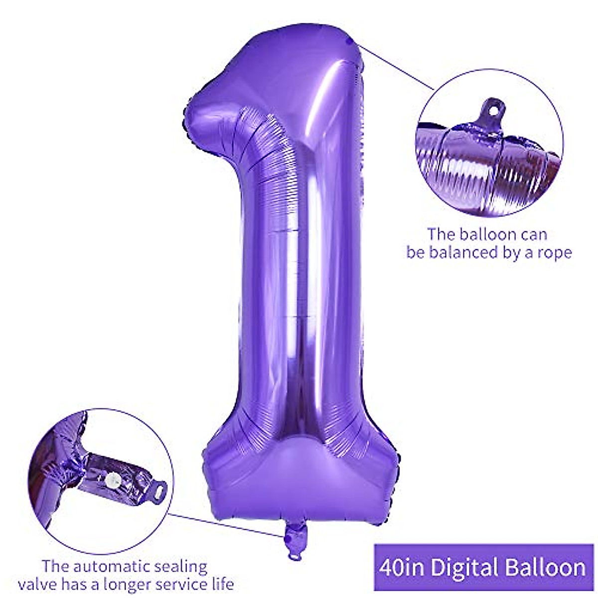 TONIFUL 40 Inch Purple Large Numbers Balloon 0-9(Zero-Nine) Birthday Party Decor,Foil Mylar Big Number Balloon Digital 1 for Birthday Party,Wedding, Bridal Shower Engagement Photo Shoot, Anniversary