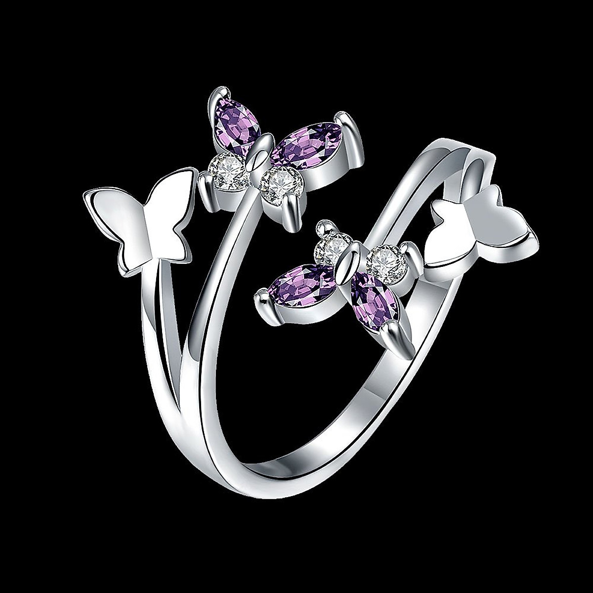 MAIHAO Women's Adjustable Size 925 Sterling Silver Butterfly White Birthstone CZ Butterfly Shape Purple Austrian Crystals Rings