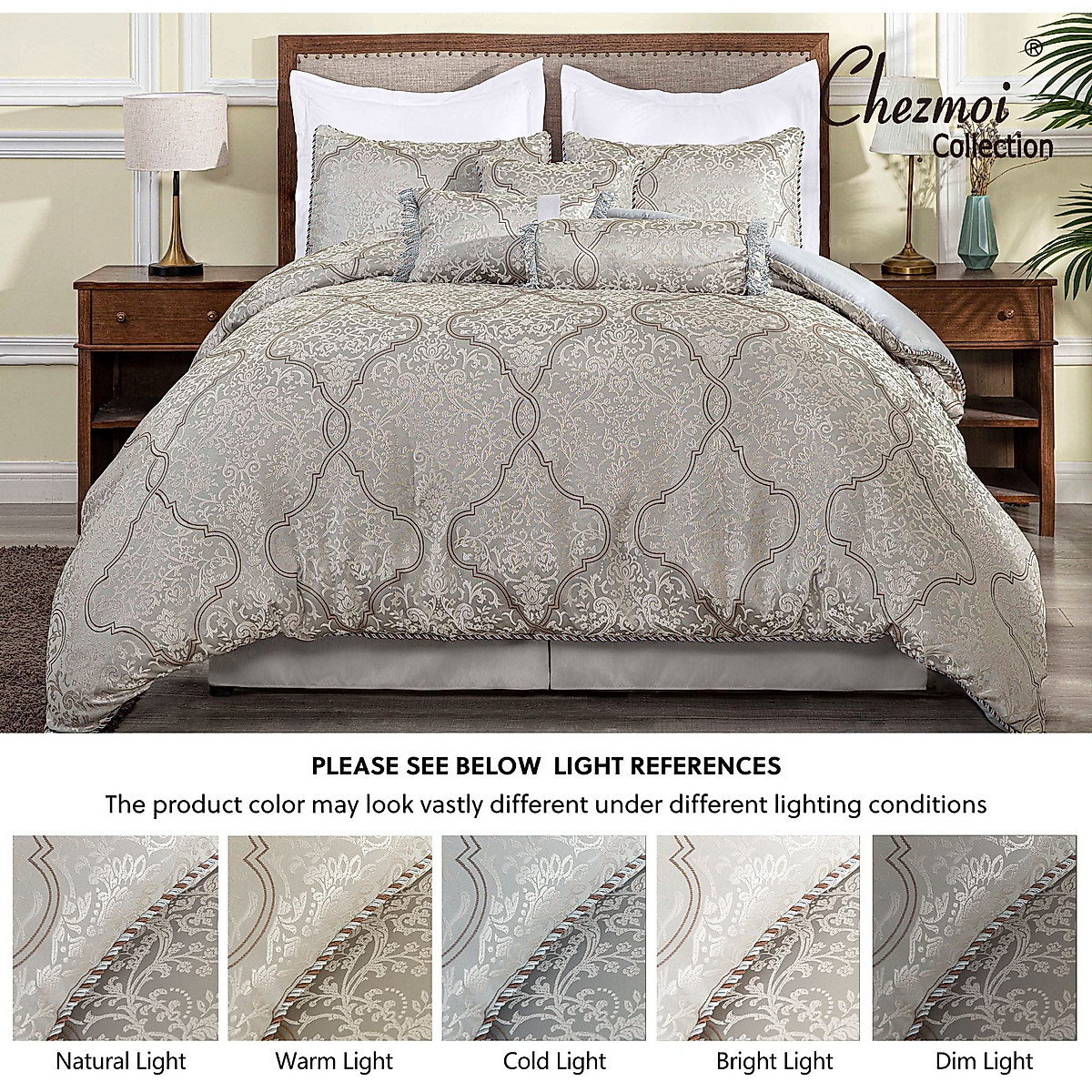 Chezmoi Collection Noelle 7-Piece Cal King Bedding Set Silver Gray Brown Floral Medallion Jacquard Comforter Set, California King Size