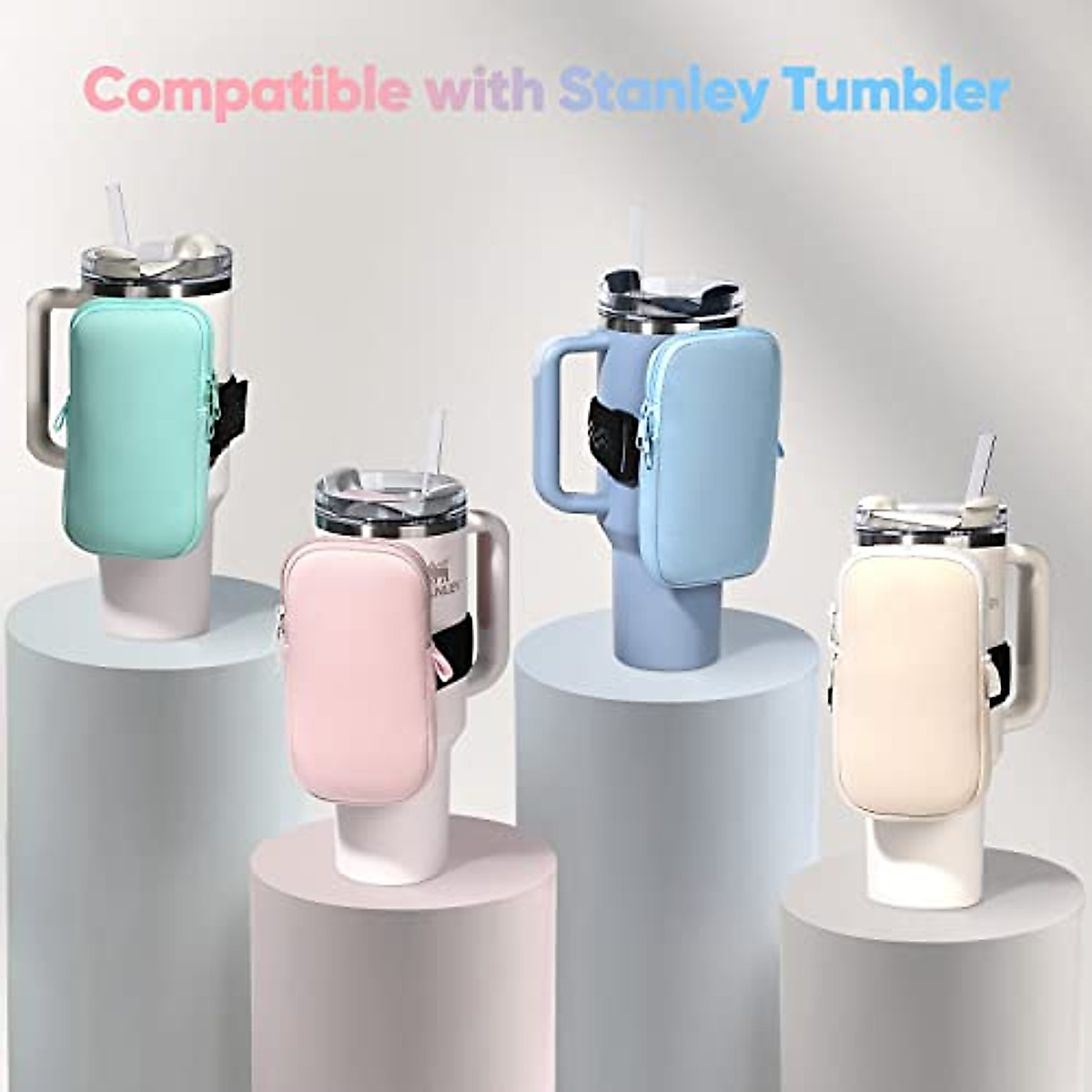 Water Bottle Pouch For Stanley, Gym Tumbler Accessories for Women, Compatible With Stanley Quencher Adventure 40oz & IceFlow 20/30oz, Workout Outdoor Tumbler Pocket for Phone, Card, Keys, Cash-Cream