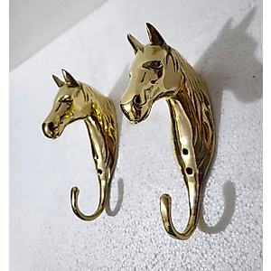Brass Horse Head Wall Mount Hooks Set of 2 Pieces Sculpture Unique A Excellent Item for Home | Office | Restaurant Decorative Item Statue Coat Hook by INDIAART12