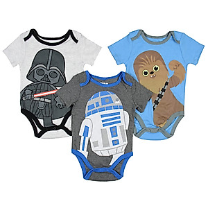Star Wars Infant Baby Boys Darth Vader Chewbacca R2-D2 One Piece Pajama Romper 3 Pack (0-3m)