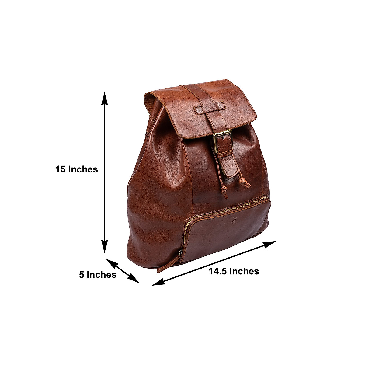 Zinda Genuine Leathers Unisex Backpack Drawstring Satchel Flap Over Book Bag Multiple Pockets Travel Bag (Cognac)