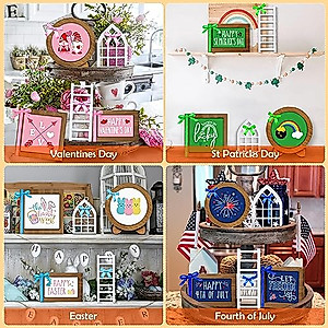 Farmhouse Tiered Tray Decor Set - Interchangeable Seasonal Holiday Rustic Wooden Frames with Cards, Mini Arch, Ladder for Home Kitchen Table Halloween Decorations Centerpiece