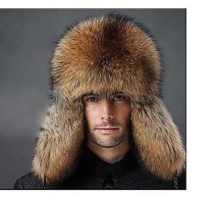 XUYUZUAU Mens Fox Hair Hat Winter Genuine Sheepskin Russian Ushanka Hats Natural Brown