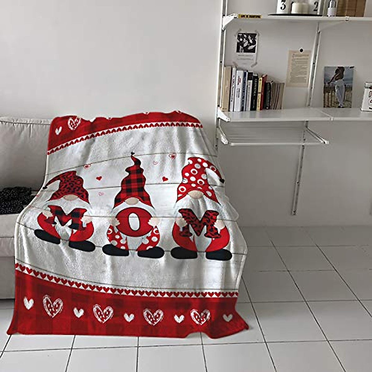 Flannel Fleece Throw Blanket Mother's Day Mom Heart Gnome 40x50 inches Reversible Soft Cozy Bed Blanket Red Check Wood Plank Microfiber Fluffy Lightweight Throw Blanket for Bed Couch Sofa Chair