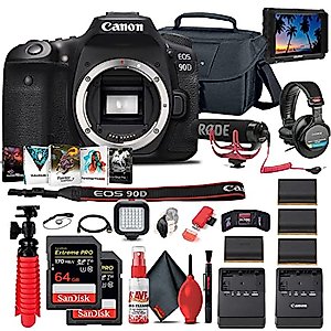 Canon EOS 90D DSLR Camera (Body Only) (3616C002) + 4K Monitor + Pro Mic + Pro Headphones + 2 x 64GB Memory Card + Case + Corel Photo Software + 3 x LPE6 Battery + Charger + More (Renewed)