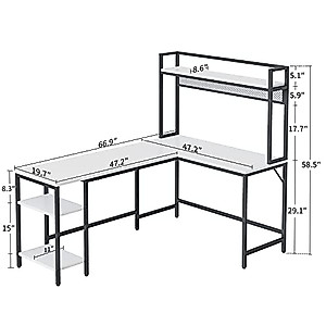 CubiCubi L Shaped Desk with Hutch, 66" Corner Computer Desk with Drawer,Home Office Gaming Table Workstation with Storage Bookshelf, White