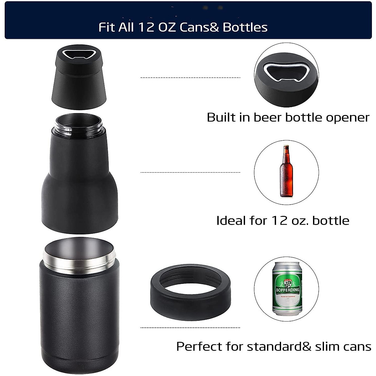 Gteller 3 in 1 Can and Beer Bottle Insulator, Double Wall Stainless Steel Insulated Can Cooler, Beer Bottle Holder 12oz 14oz 17oz (12oz Can&Bottle BK)