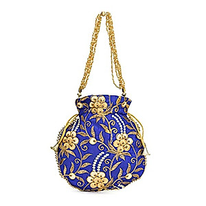 Ekavya Indian Drawstring Purse Bag Pouch Potli For Gift Jewelry Gifts Wedding Faux Pearls Strings Drawstring Bag for Women. Purse for Women (Blue)