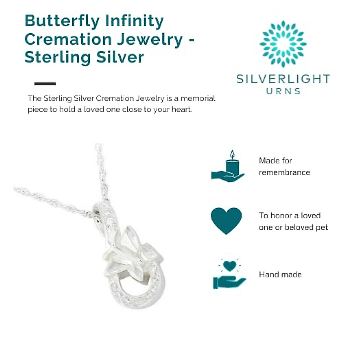 Butterfly Infinity Cremation Jewelry Pendant and Necklace for Ashes, Sterling Silver, Cremation Jewelry for Ashes