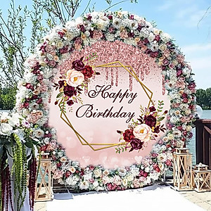 OERJU 7.2x7.2ft Happy Birthday Round Backdrop Cover Burgundy Flowers Rose Gold Photo Background Women Lady Girl 16th 30th 40th 50th 60th Birthday Party Decoration Dessert Cake Table Banner