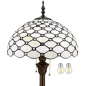 WERFACTORY Tiffany Floor Lamp Cream Amber Stained Glass Bead Standing Reading Light 16X16X64 Inches Antique Pole Corner Lamp Decor Bedroom Living Room Home Office (LED Bulb Included) S005 Series