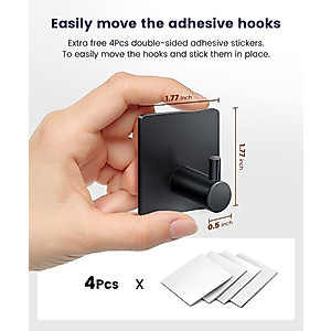 xdgeLoad Adhesive Towel Hooks for Bathroom, Adhesive Heavy Duty Towel Hooks 8 Pack, Towel Holders for Hanging/Bathroom/Kitchen/Robe, Black Stainless Steel Matte Towel Wall Hooks without Punching