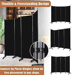 Room Divider Portable 88'' Partition Room Dividers and Folding Privacy Screens 4 Panel Wall Divider for Room Separation, Freestanding Fabric Room Divider Panel with Wheels for Home Office Hospital